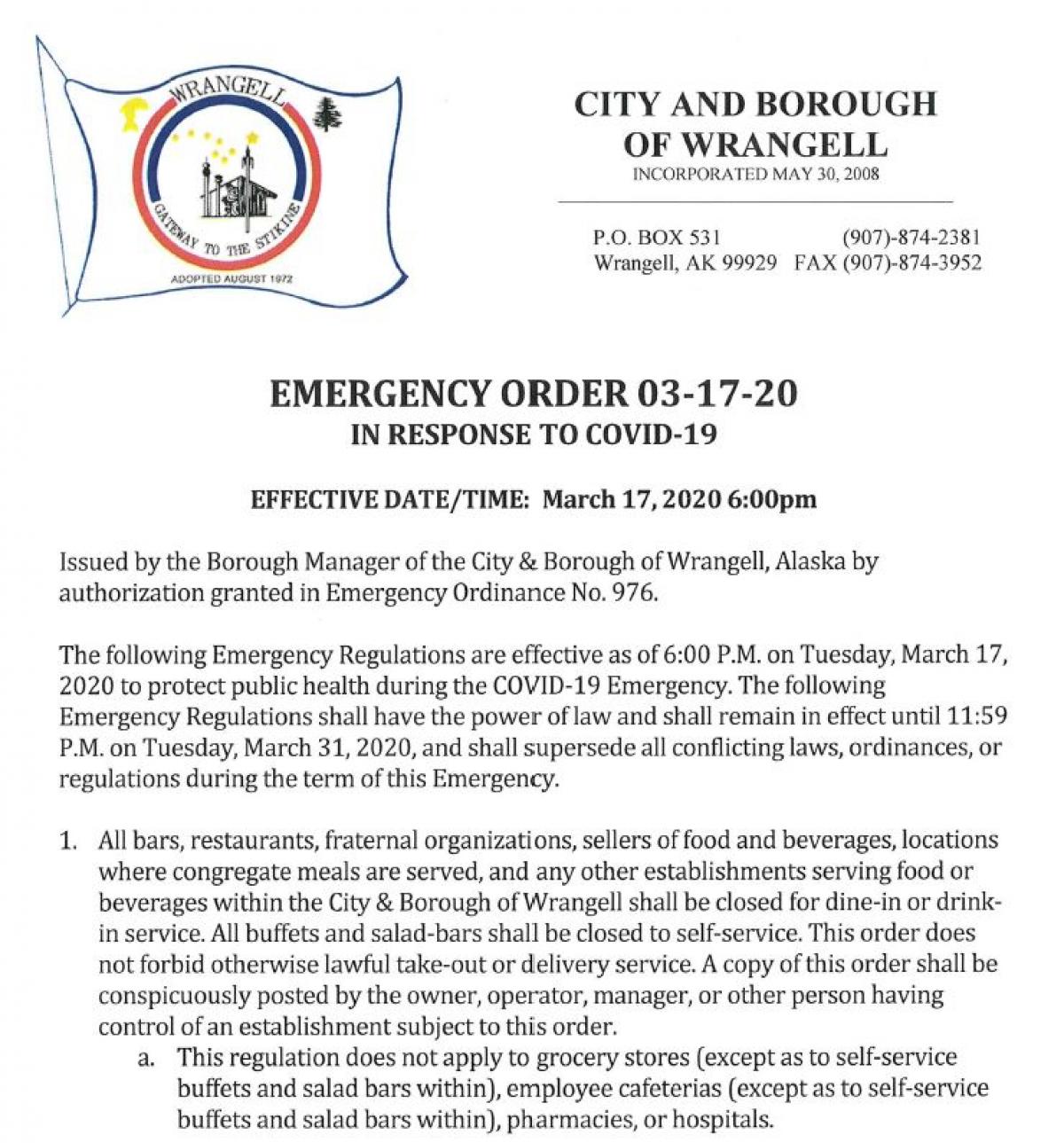 Emergency Order - March 17, 2020 | Wrangell Alaska